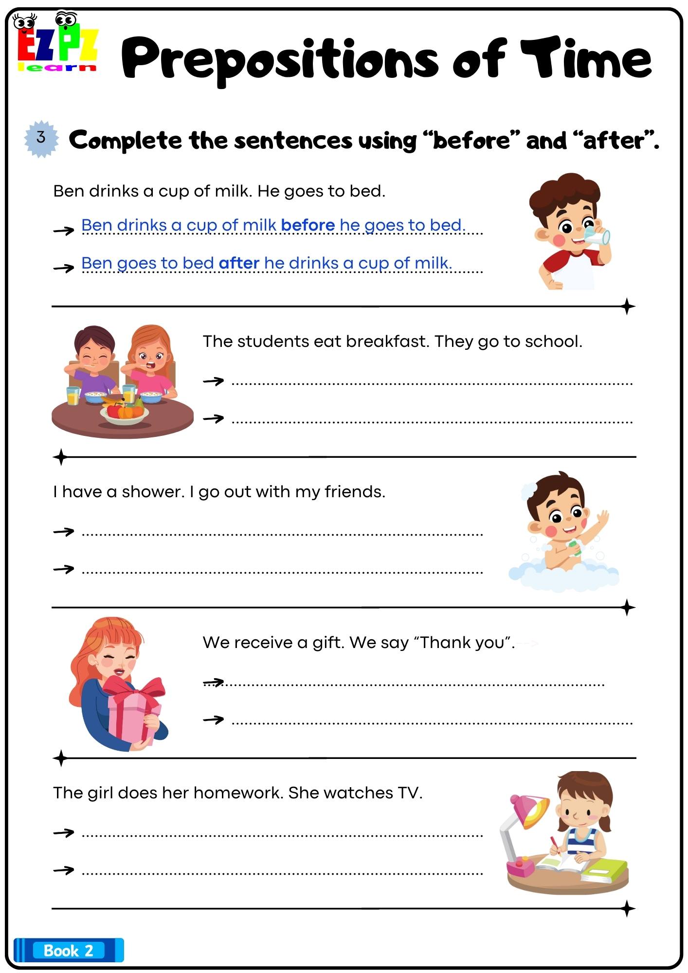 Prepositions of Time Complete the Sentences Using Before and After Bk2 Grammar Worksheet ...